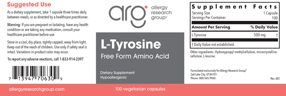 L-Tyrosine 500 mg - 100 Capsules Default Category Allergy Research Group