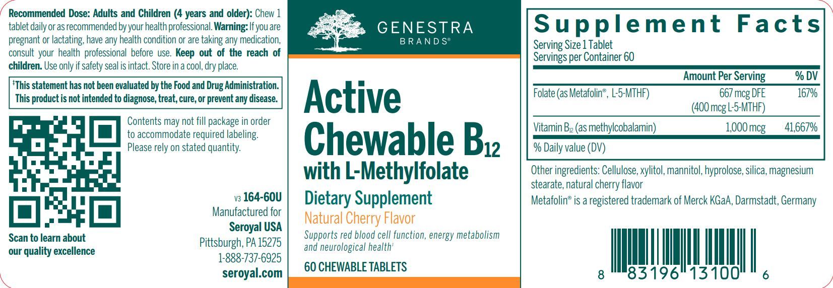 ACTIVE Chewable B12 with L-Methylfolate - 60 Tablets | Healthy Habits ...
