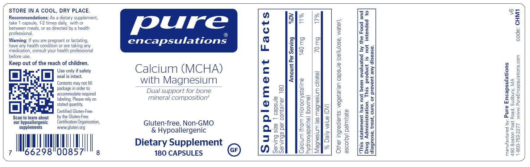 Calcium (MCHA) with Magnesium - 180 Capsules | Healthy Habits Living