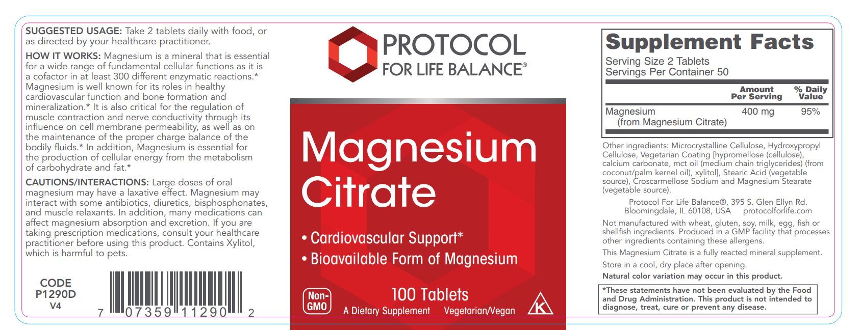 Magnesium Citrate - 100 Tablets Default Category Protocol for Life Balance